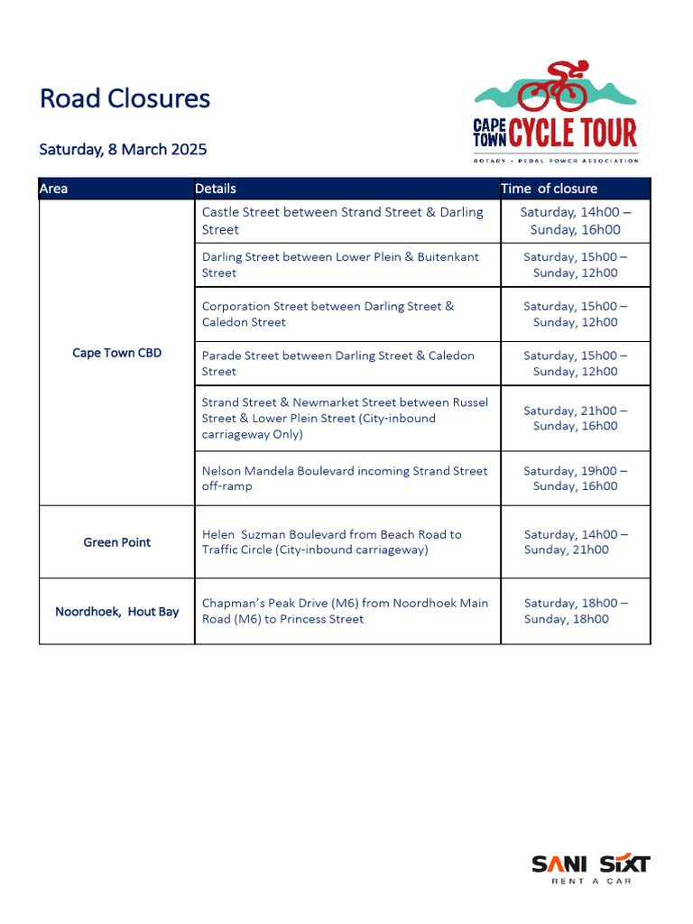 Cape Town Road Closures for Cycle Tour | PDF | Road | Road Bicycle Racing