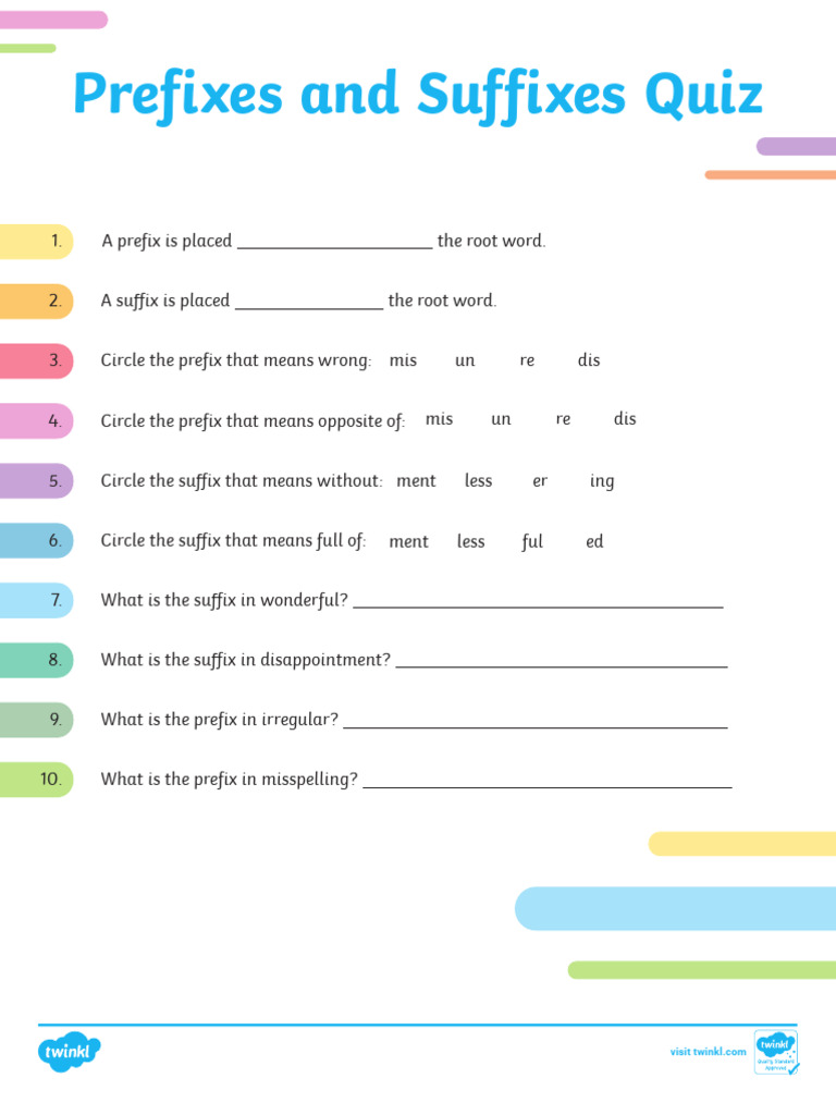 Color Prefixes and Suffixes Quiz | PDF