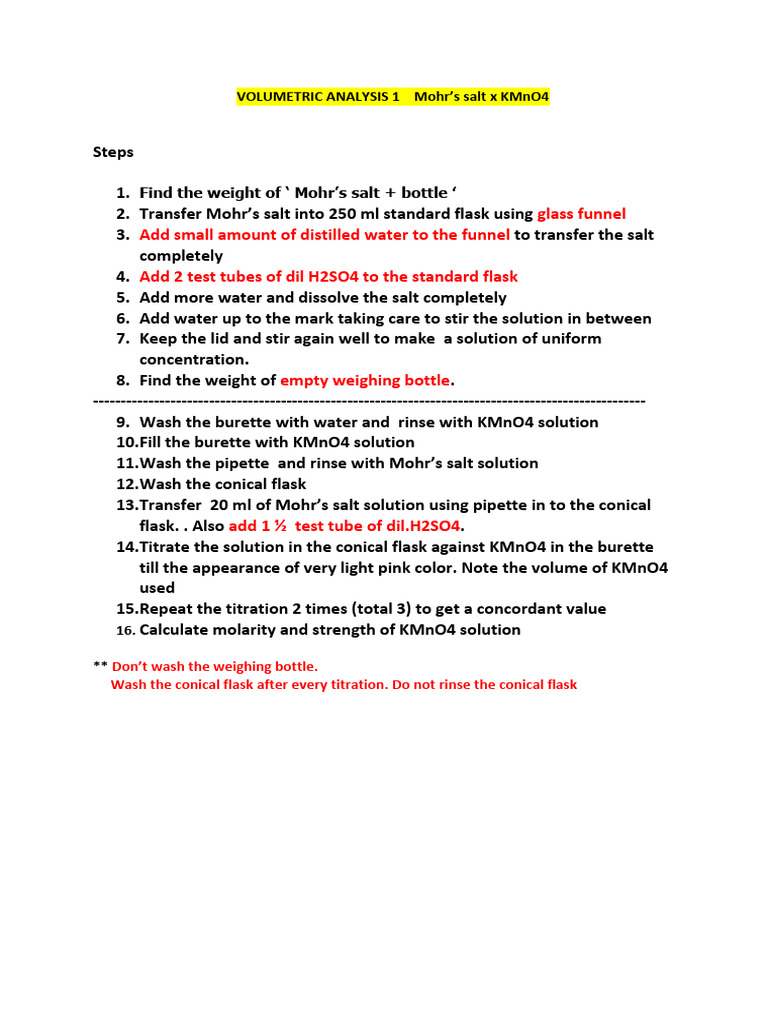 Steps - Volumetric Analysis - 1 Mohr's Salt | PDF