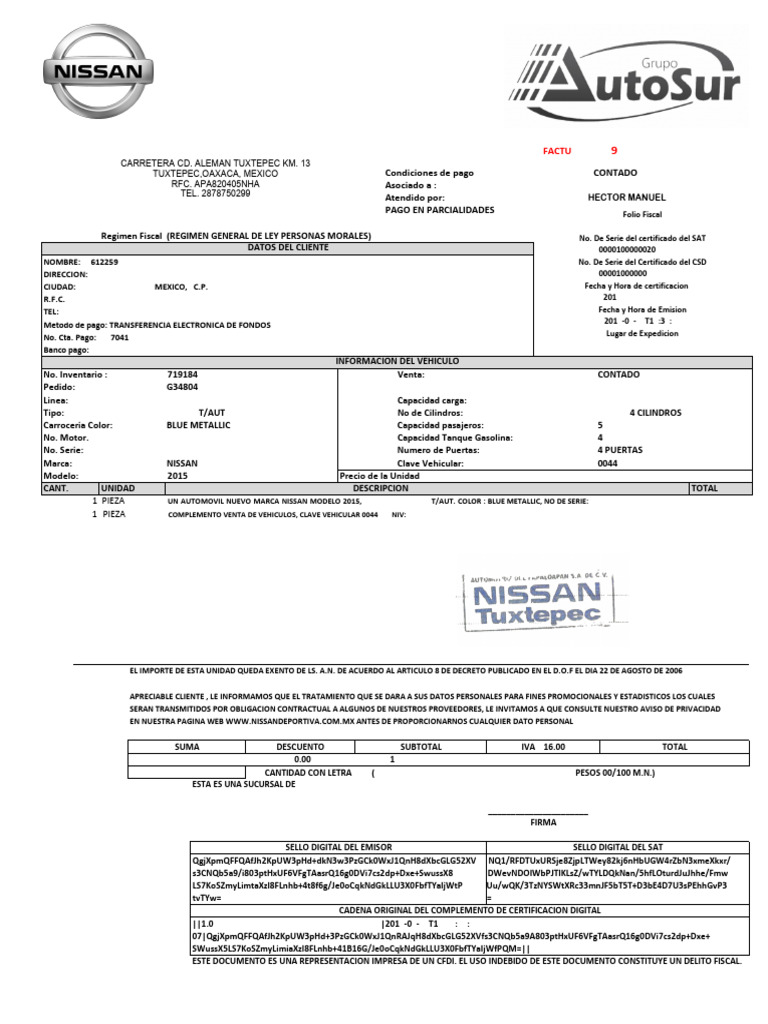 Factura Nissan Rogue 2015 | PDF | Vehículos terrestres | Industria ...