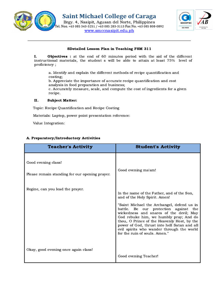 Edited LESSON-PLAN-FSM-311-RECIPE-QUANTIFICATION | PDF | Prices | Measurement