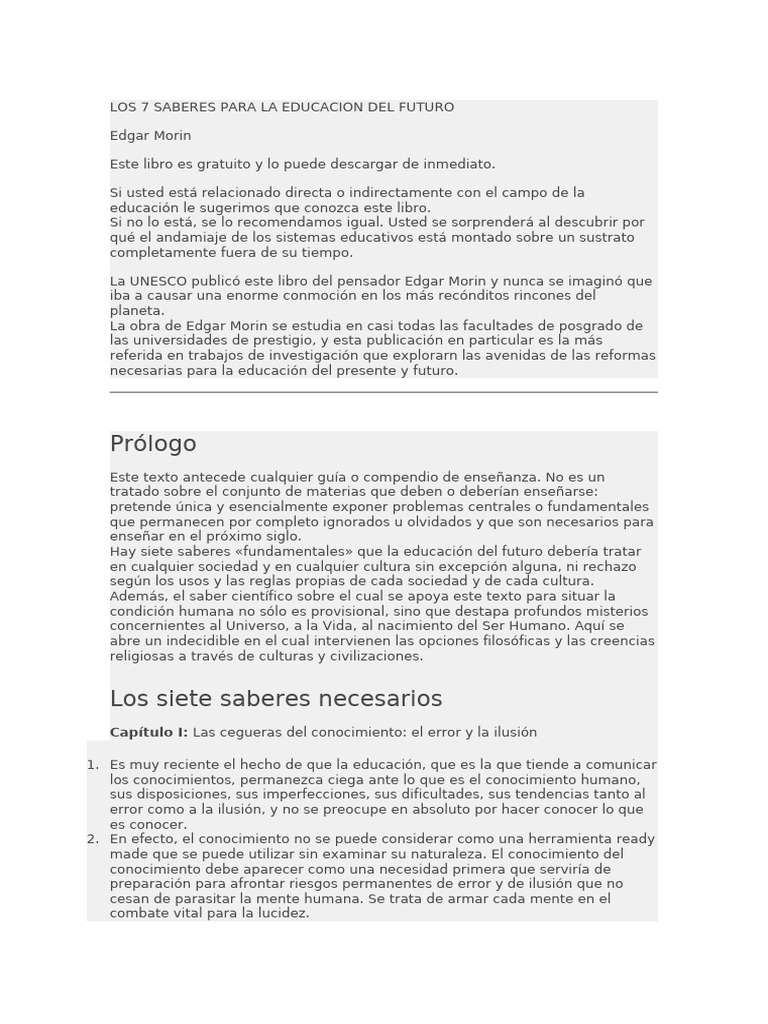 Los 7 Saberes de La Enseñanza Del Futuro - Edgar Morin-Resumen | PDF | Conocimiento | Mente