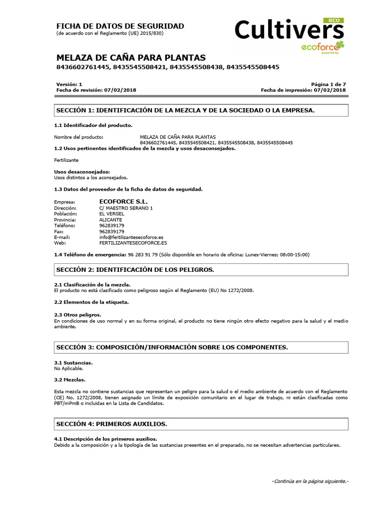 Ficha de Seguridad: Melaza de Caña | PDF