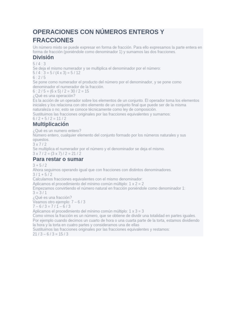 Operaciones con Fracciones y Enteros | PDF