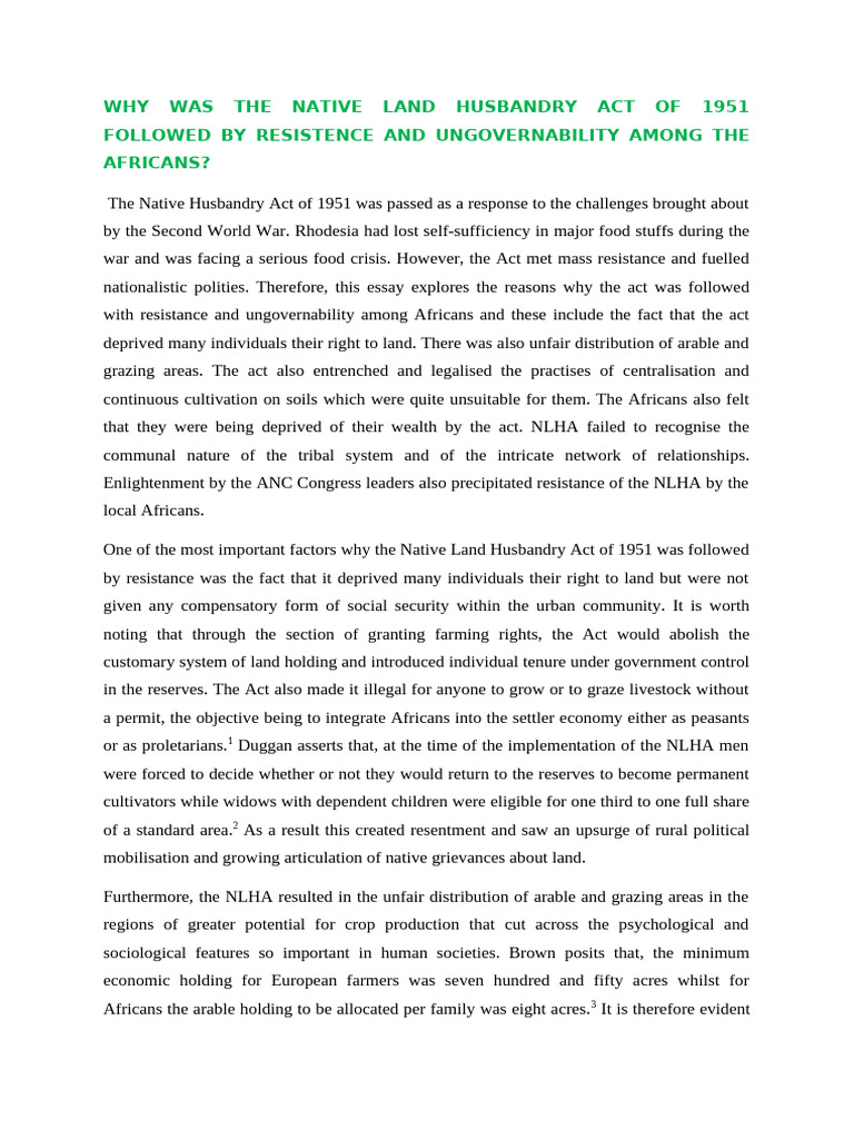 Why Was The Native Land Husbandry Act of | PDF | Arable Land | Agriculture