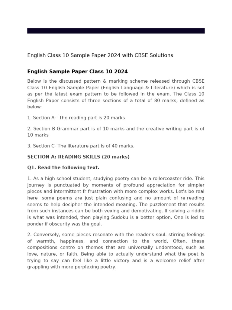 Class 10 English Sample Paper 2024 | PDF | Poetry | Ecology