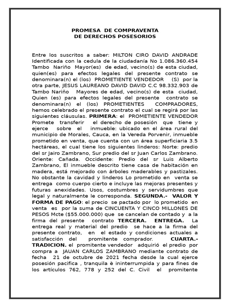 CONTRATO DE VENTA POSESION NOTARIA 74 NOTA ACLARATORIA | PDF