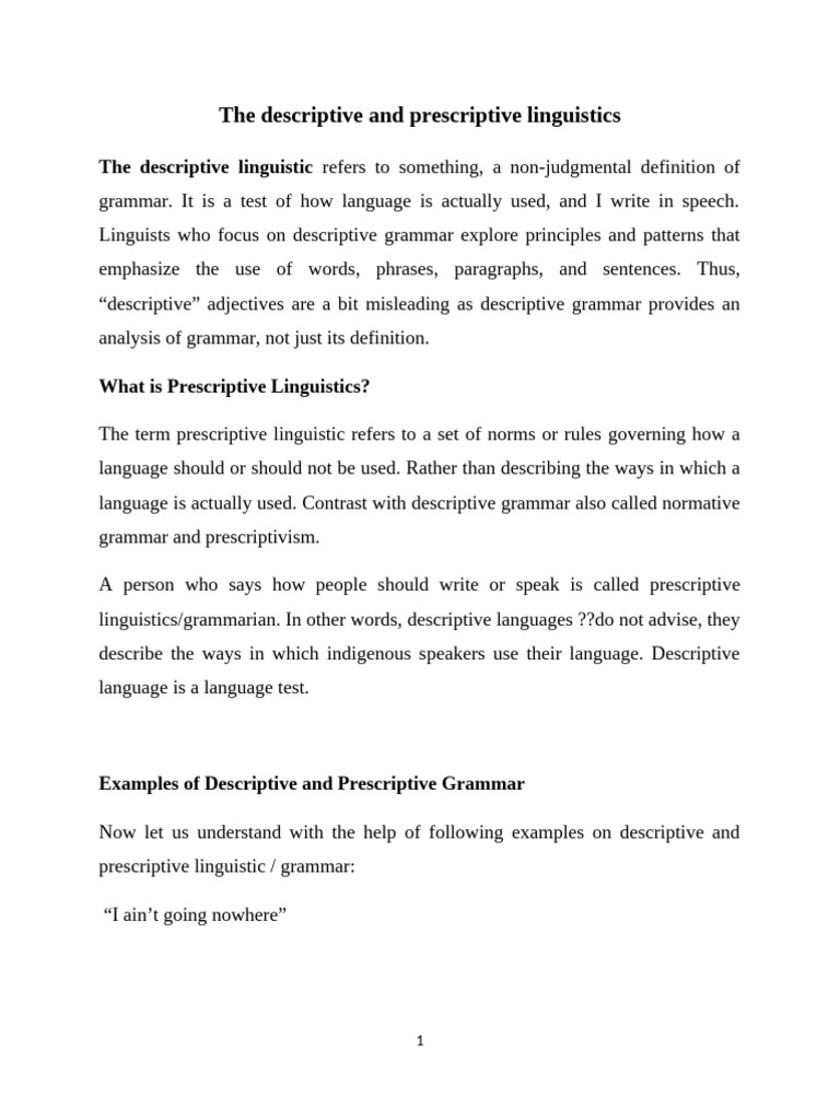 The Descriptive and Prescriptive Linguistics | PDF | Linguistics | Grammar