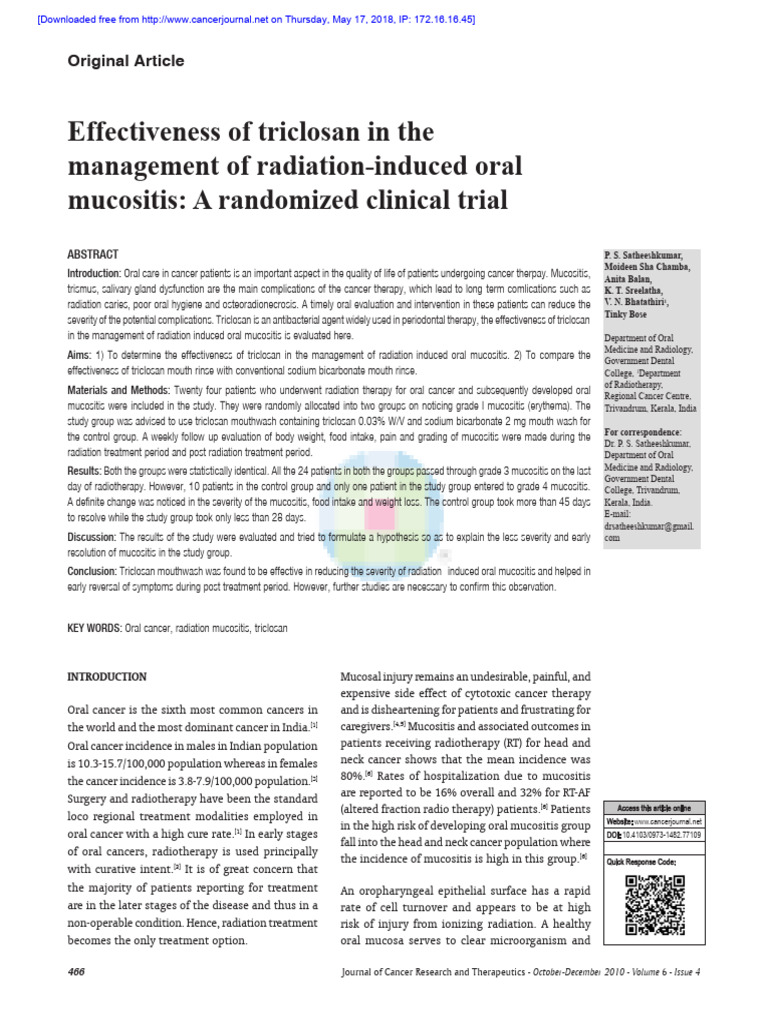 Efectiveness of triclosan in the management of radiation of induce Oral mucositis | PDF ...