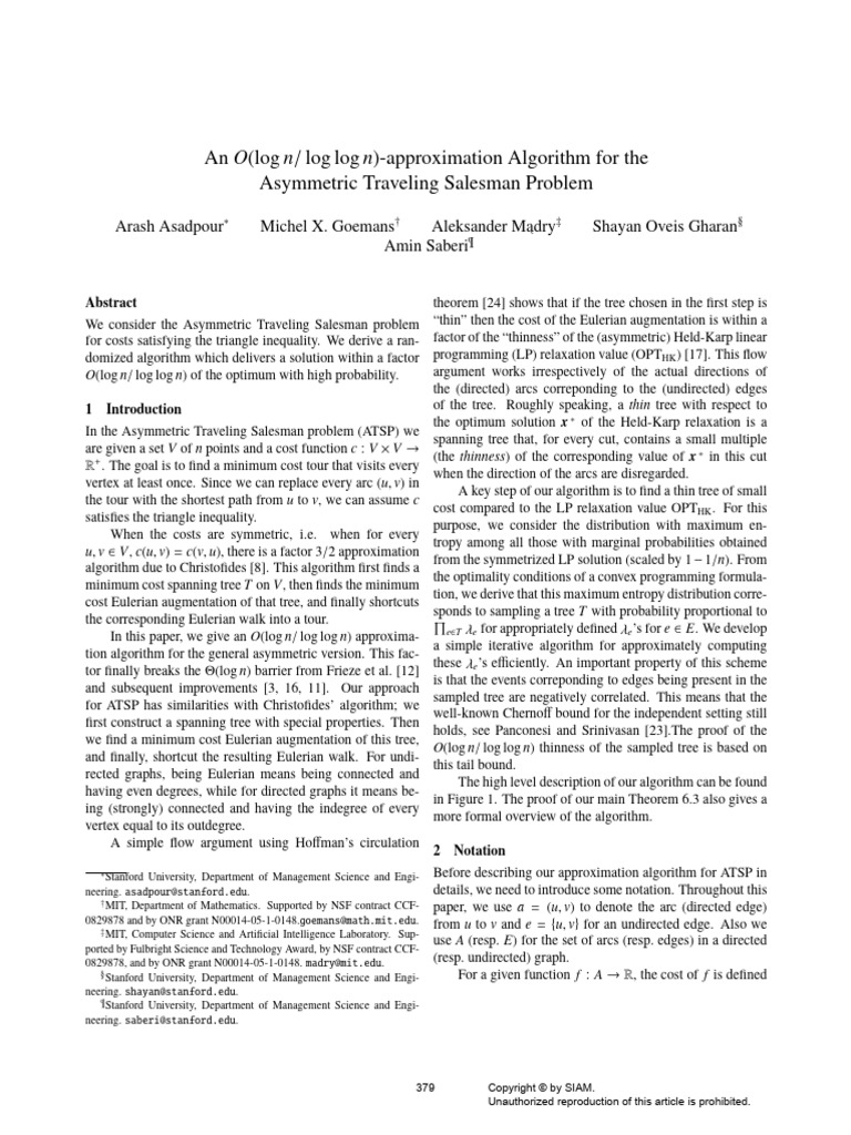 An O (Log N/ Log Log N) - Approximation Algorithm For The Asymmetric Traveling Salesman Problem ...