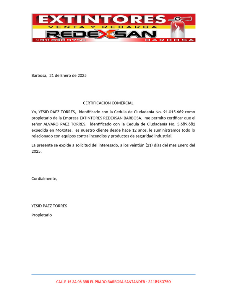 Certificación Comercial de Cliente 2025 | PDF