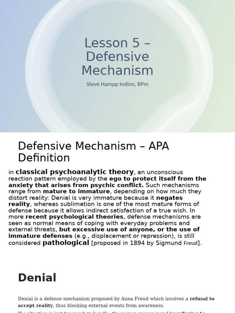 Lesson 5 Defensive Mechanism | PDF | Unconscious Mind | Psychoanalysis
