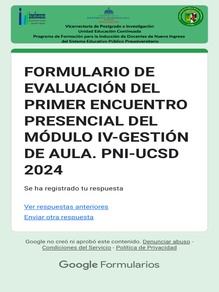 Formulario de Evaluación Del Primer Encuentro Presencial Del Módulo Iv-Gestión de Aula. Pni-Ucsd ...
