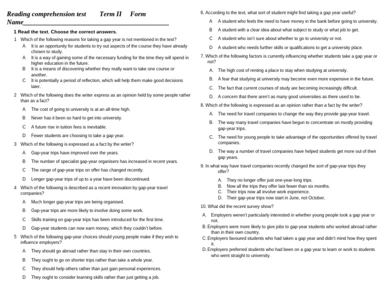 Gap Year Reading Comprehension Test | PDF | University | Reading ...