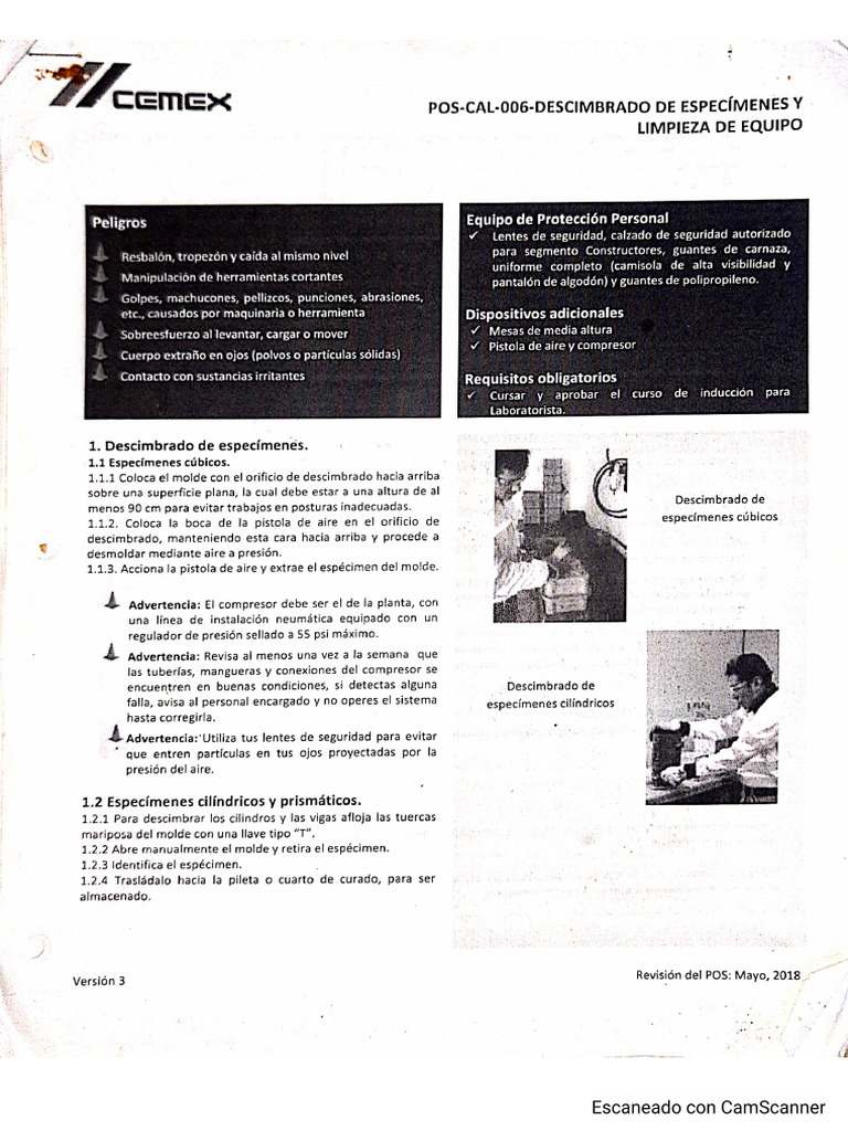 Descimbrado de Especimenes y Limpieza-Poc Cemex | PDF