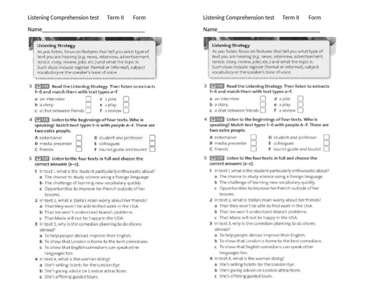 Listening Comprehension test Term II Form | PDF