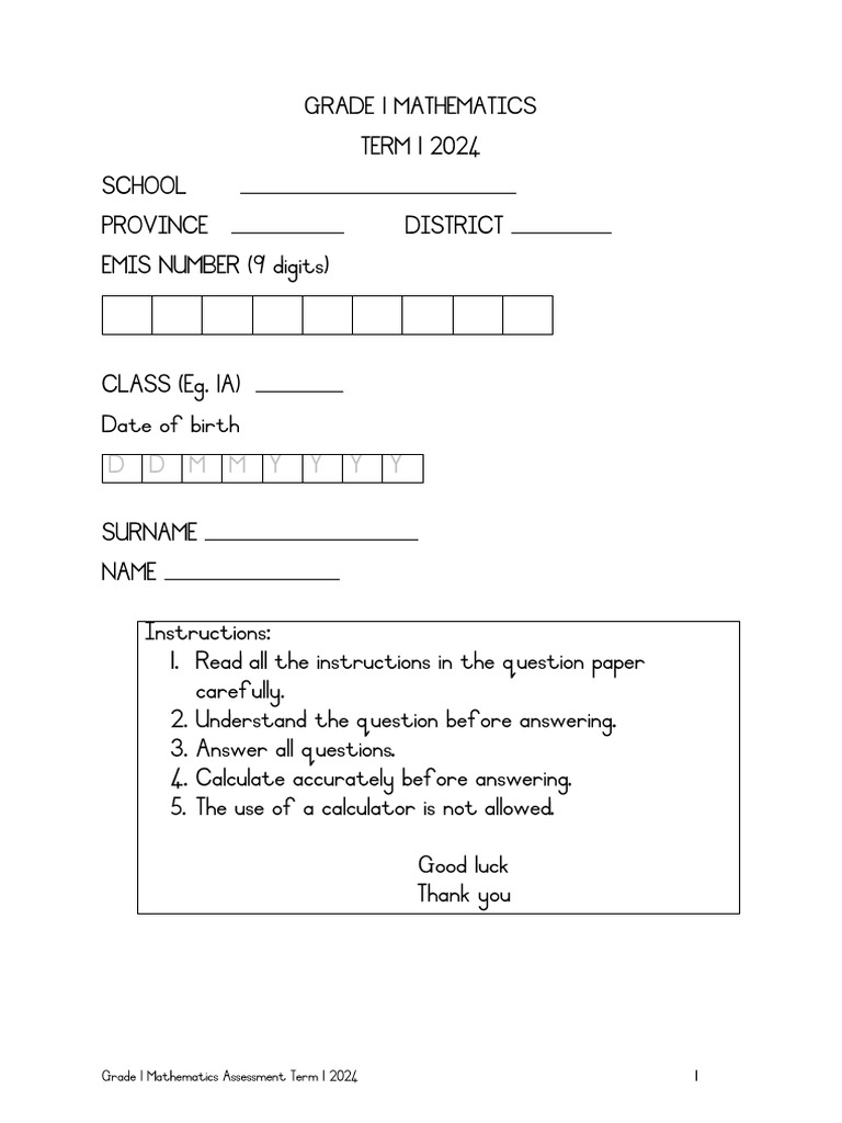 Grade 1 Mathematics Assessment Term 1 2024 | PDF