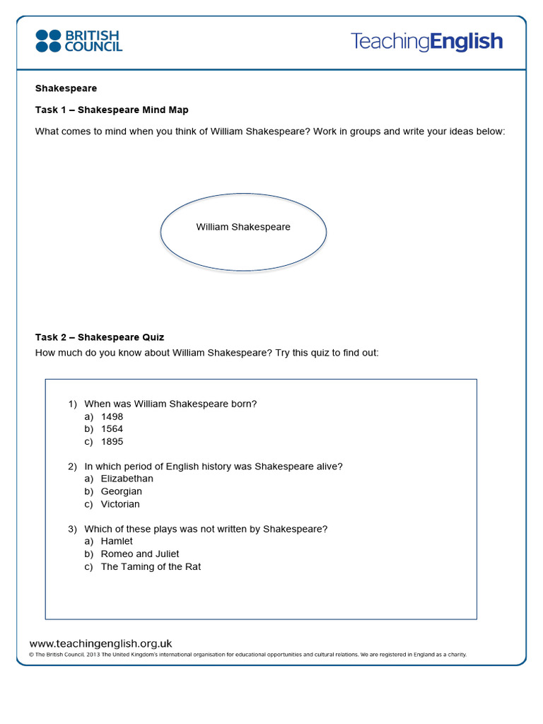 Shakespeare Activities and Quiz Guide | PDF | William Shakespeare