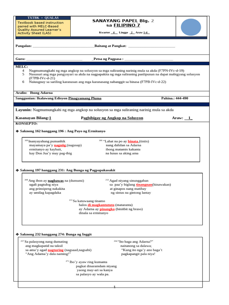 Las Q4 Filipino 7 Week2 | PDF