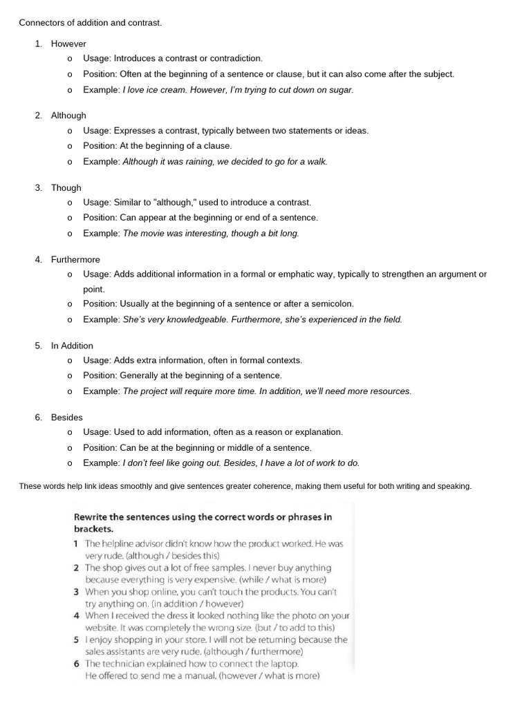 Connectors of addition and contrast | PDF | Sentence (Linguistics) | Language Mechanics