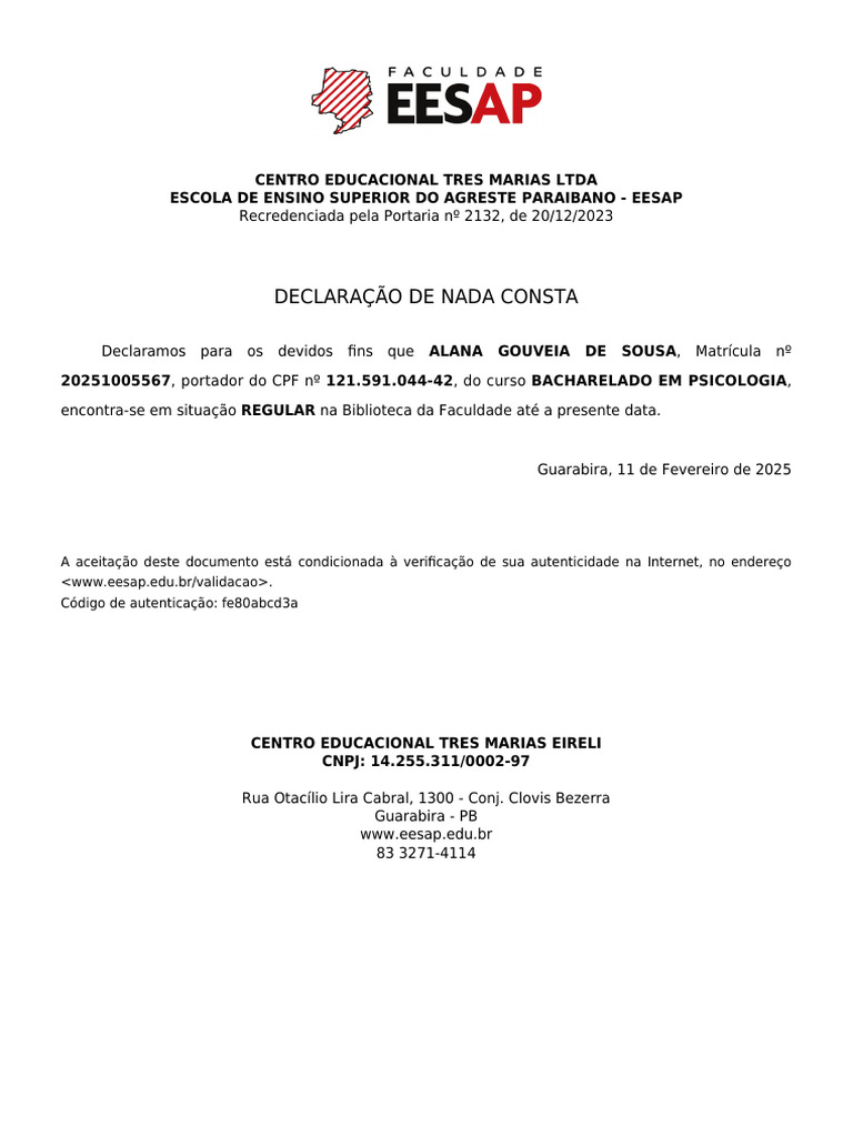 Declaração de Nada Consta 20251005567 | PDF