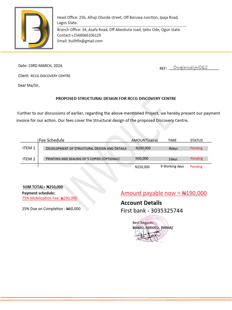 RCCG Discovery Center Invoice | PDF