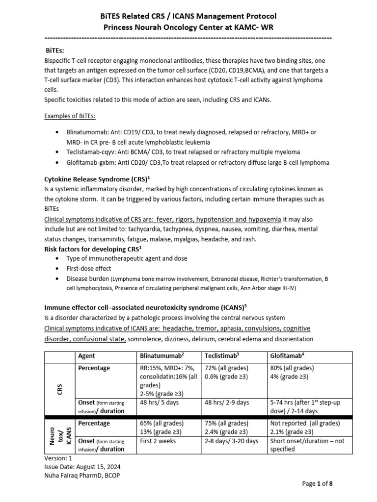 BiTEs CRS and ICANS Management Protocol | PDF | Medical Specialties ...