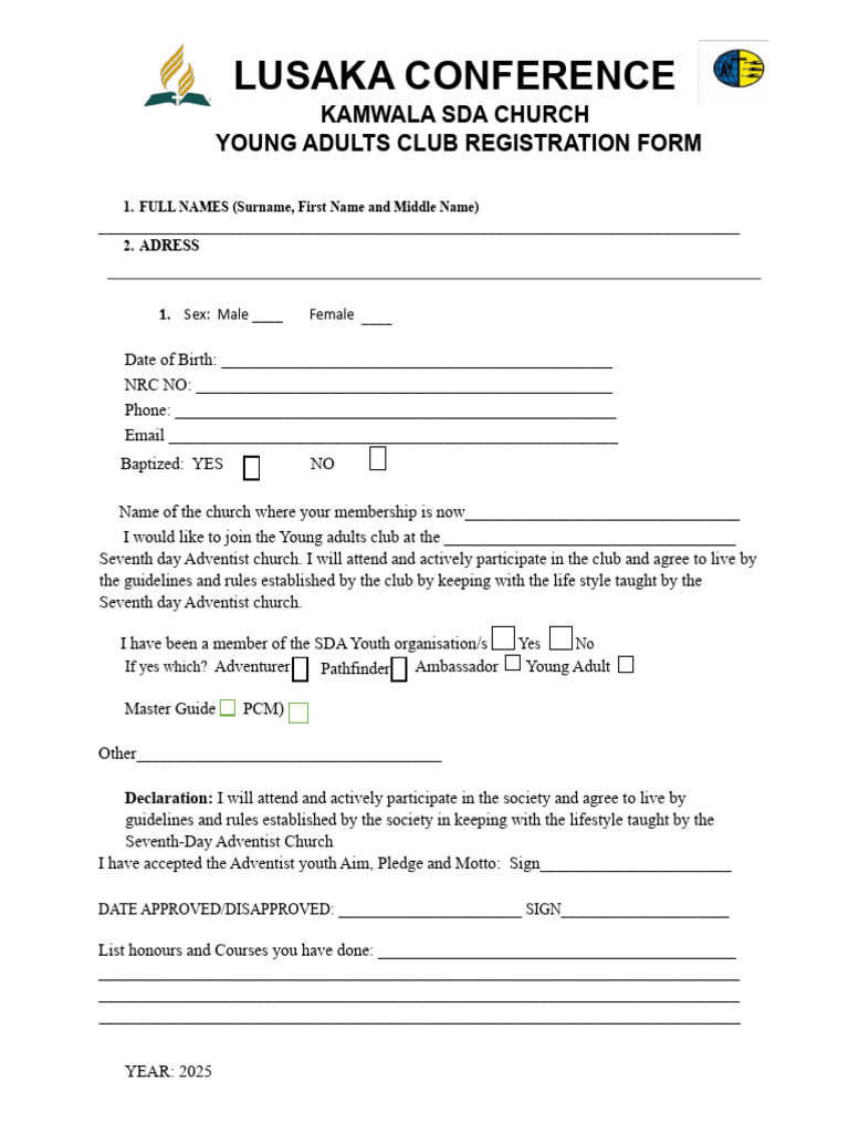 YOUNG ADULTS CLUB MEMBERSHIP KAMWALA SDA Church | PDF