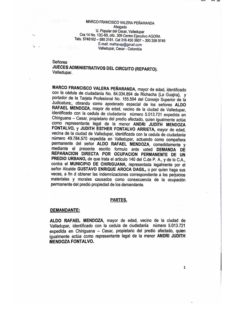 Demanda Reparacion Directa - Aldo Rsfael Mendoza | PDF