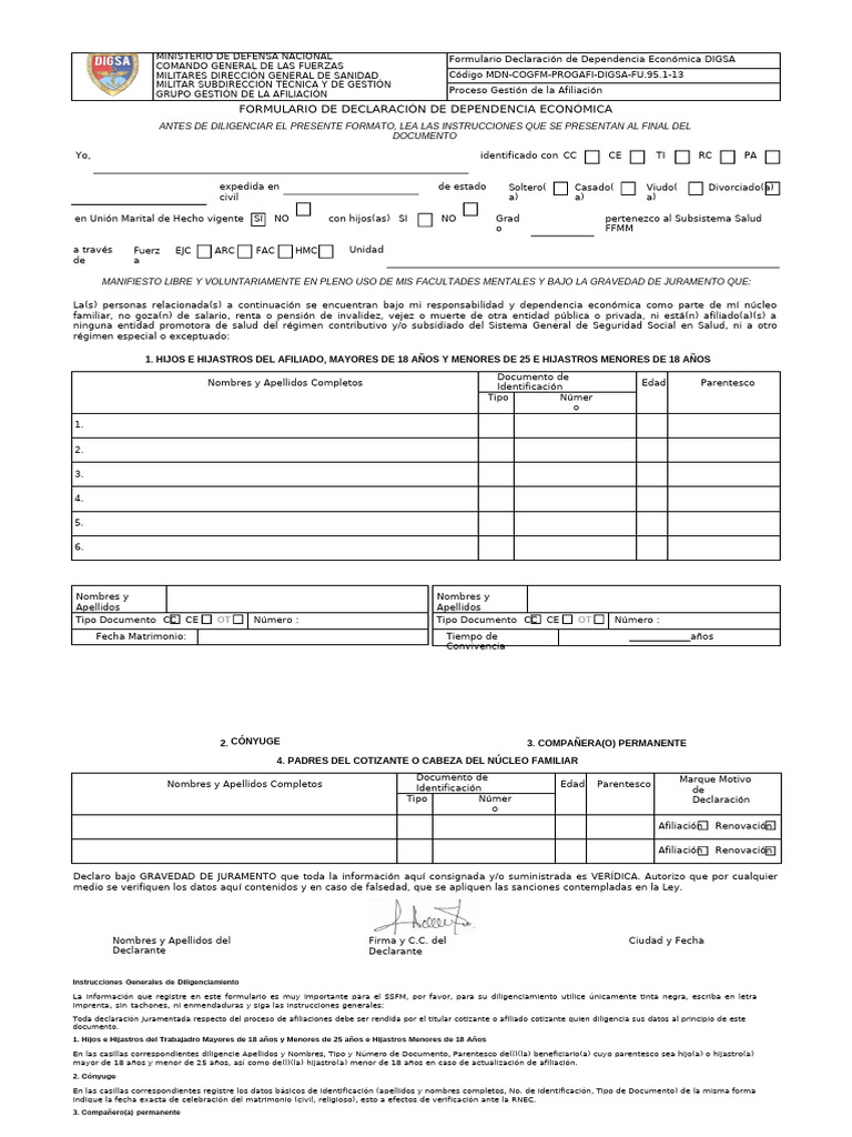 Formato - Declaracion - Dependencia - Economica - Digsa Hoy | PDF