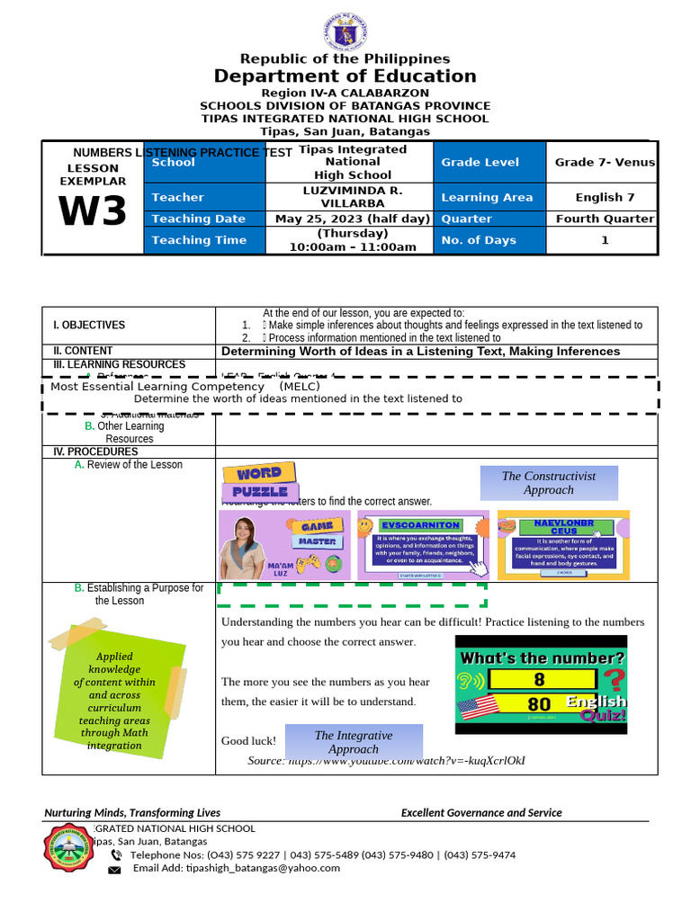 Grade 7 English Listening Lesson Plan | PDF | Cognitive Science ...
