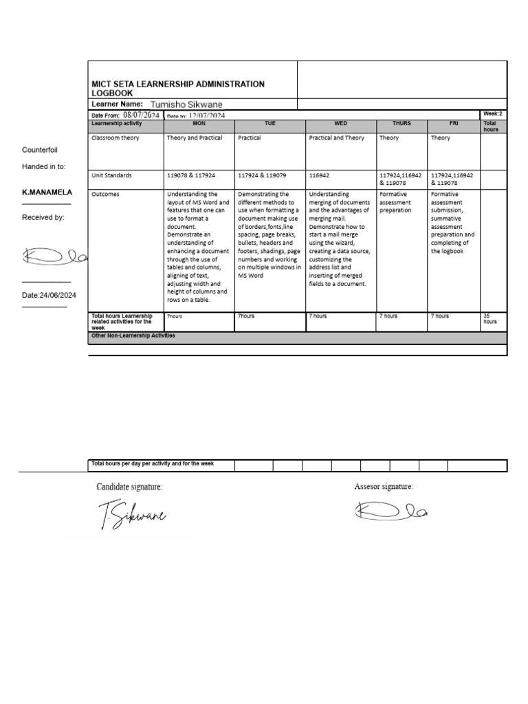MICT SETA Logbook: MS Word Skills | PDF | Microsoft Word | Text