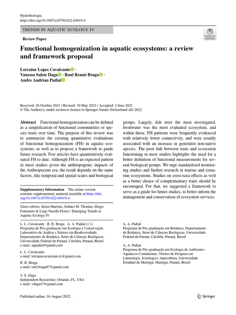 2022 - Functional Homogenization in Aquatic Ecosystems A Review and ...