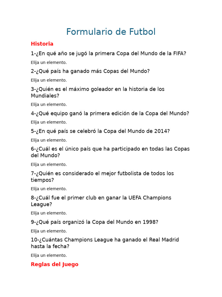 Formulario de Preguntas sobre Fútbol | PDF | Asociación de Futbol ...