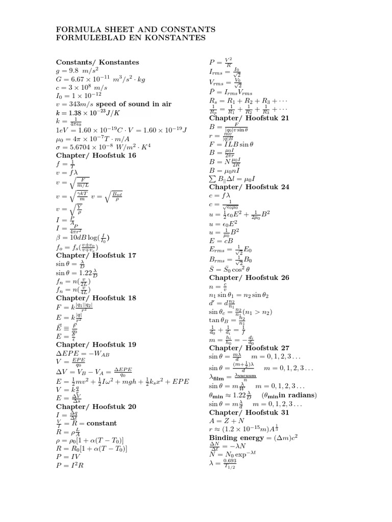 Physics Constants and Formulas Sheet | PDF