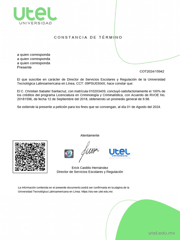 Carta de Pasante UTEL | PDF