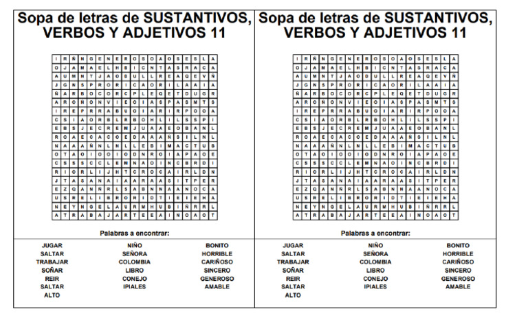 SOPA DE LETRAS SUSTANTIVOS, VERBOS Y ADJETIVOS | PDF