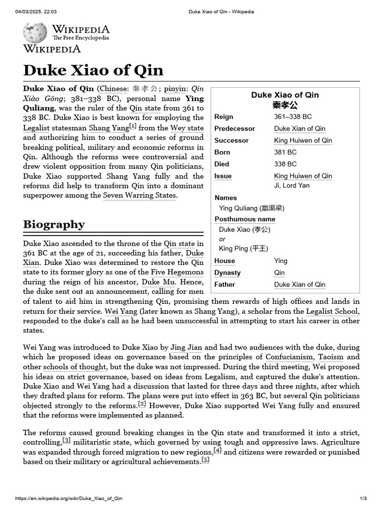 Duke Xiao of Qin: Reforms and Legacy | PDF | China | World Politics