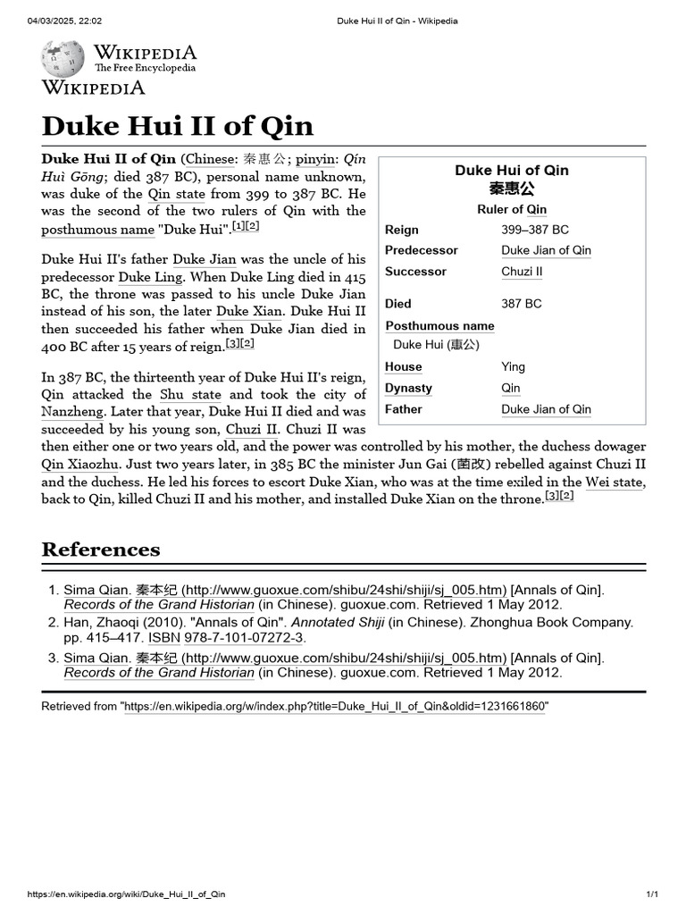 Duke Hui II of Qin - Wikipedia | PDF | China | World Politics