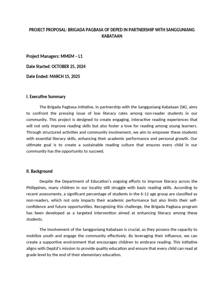 MMEM - L1 Project Proposal Brigada Pagbasa (Pajantoy, Adora, Poso, Zamora) | PDF | Literacy ...
