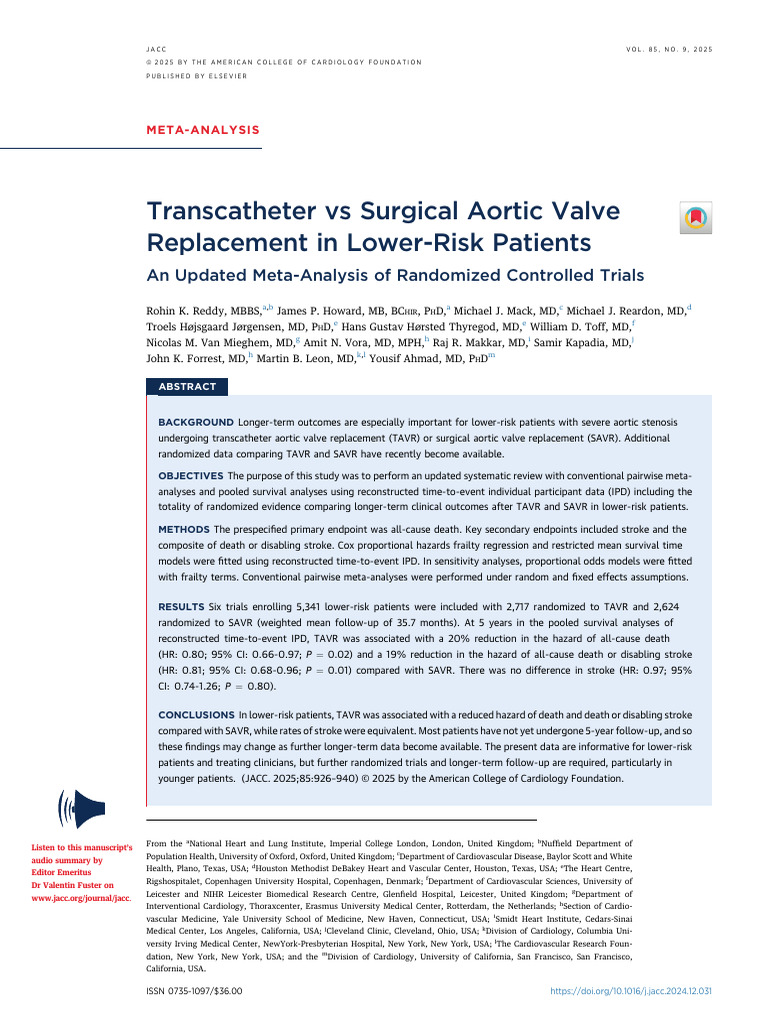 Reddy Et Al 2025 Transcatheter Vs Surgical Aortic Valve Replacement in Lower Risk Patients | PDF ...