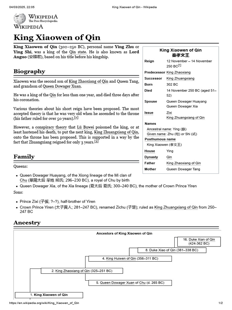 King Xiaowen of Qin - Wikipedia | PDF | China | World Politics