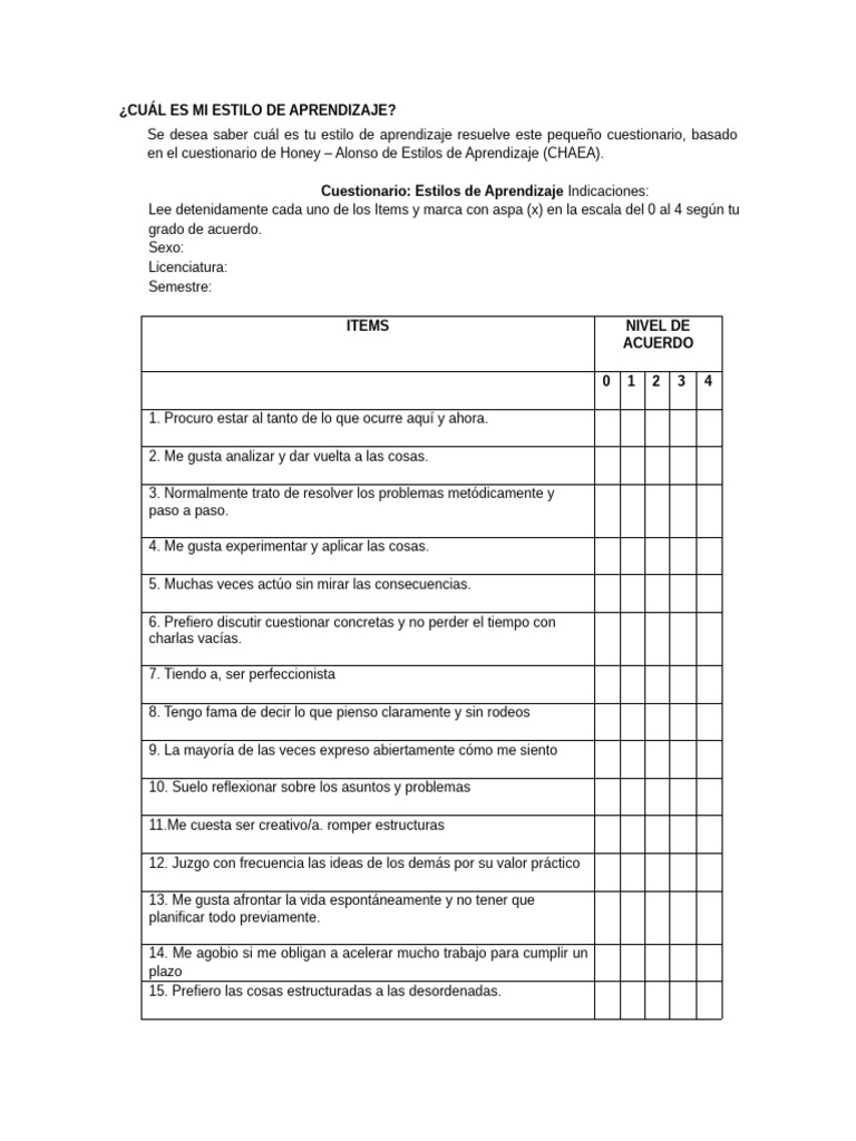Estilos de Aprendizaje | PDF | Cuestionario | Aprendizaje