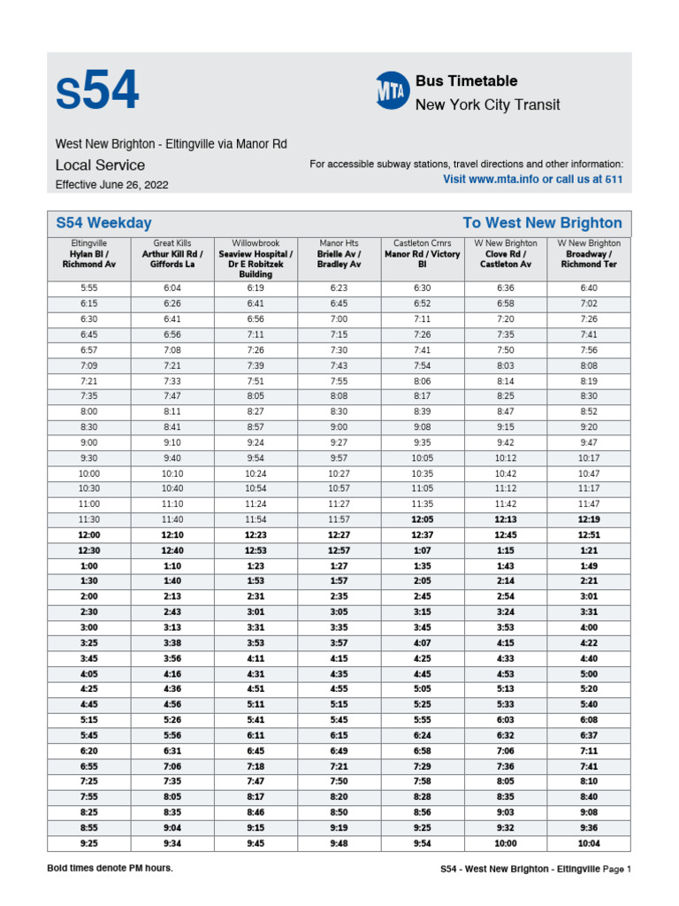 MTA S54 Bus Timetable 20220626 | PDF | Public Transport | Passenger ...