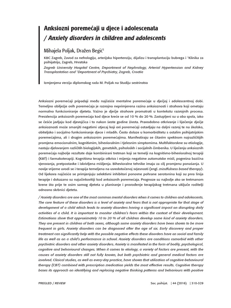 Anksiozni Poremećaji U Djece I Adolescenata | PDF