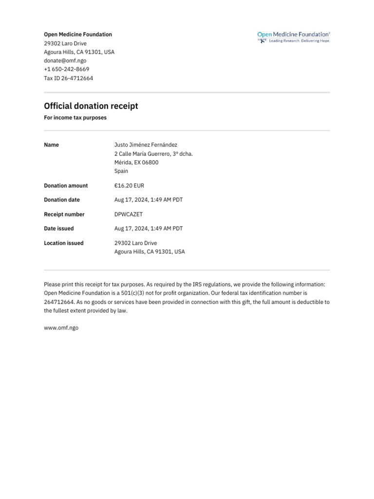 Open Medicine Foundation Receipt Aug 17, 2024 | PDF
