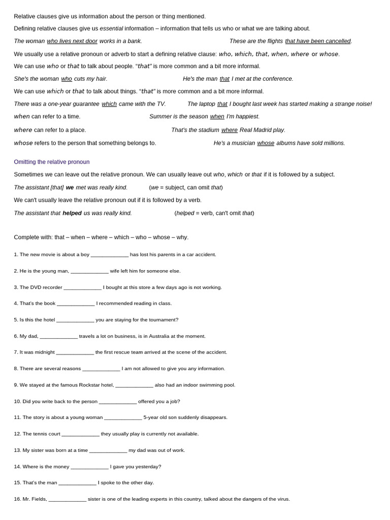 Defining Relative Clauses | PDF | Subject (Grammar) | Pronoun
