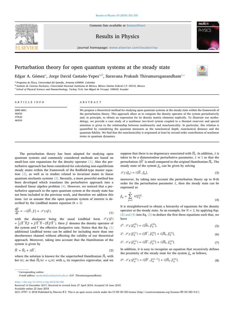 Perturbation Theory For Open Quantum Systems at The Steady State | PDF ...