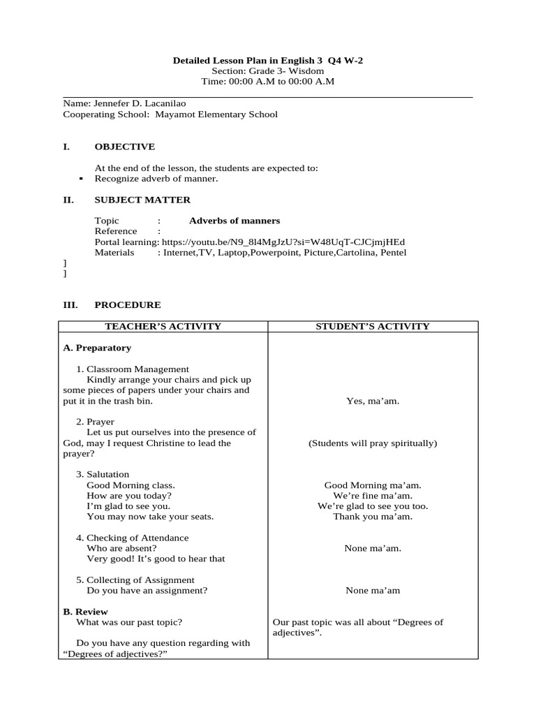 Grade 3 Lesson Plan: Adverbs of Manner | PDF | Adverb