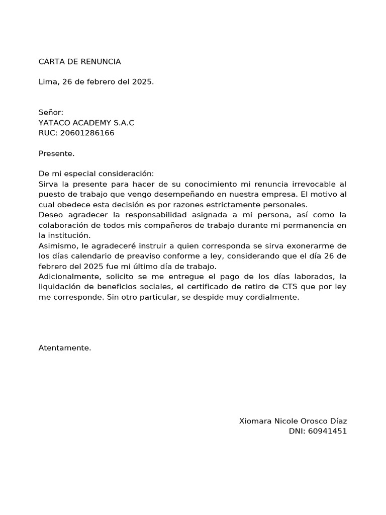 Carta de Renuncia - Xiomara | PDF